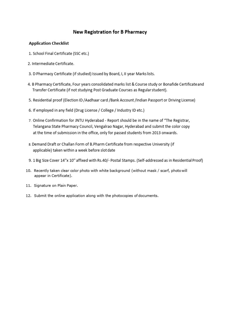 New Registration for B Pharmacy Checklist | PDF
