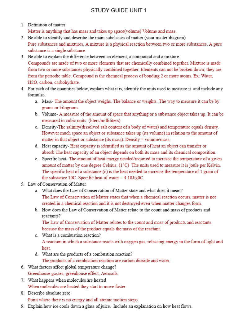 26A Caratachea - 17a - Study Guide Unit 1 | PDF | Chemical Substances | Heat
