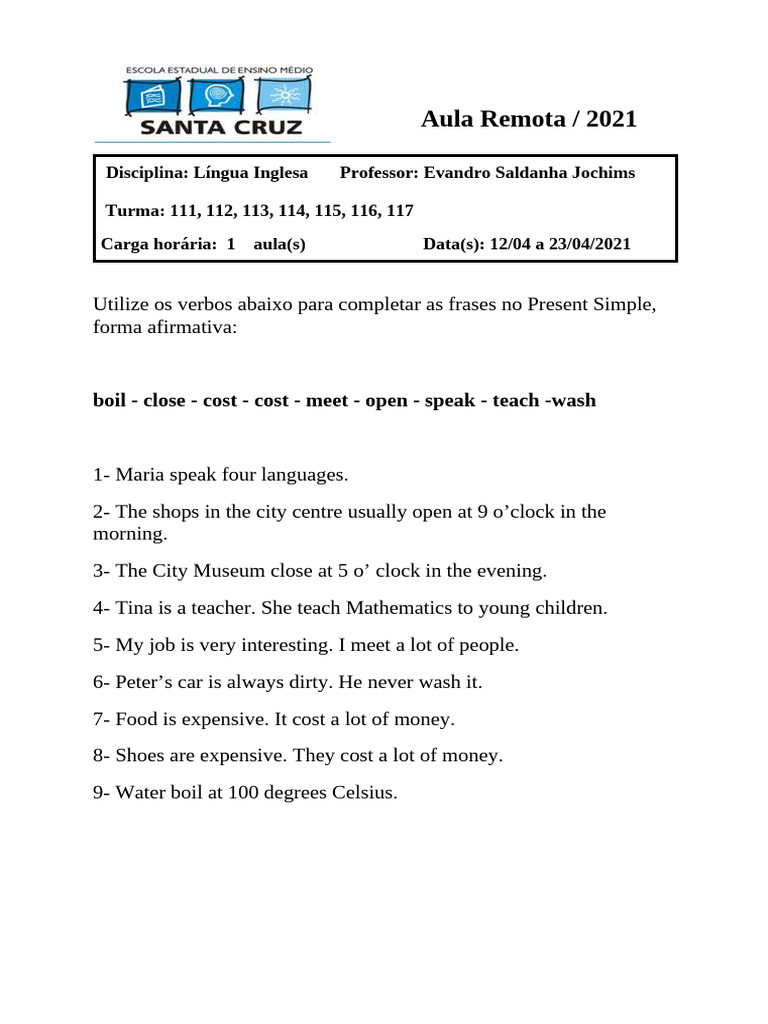 Andrei Cezar Dos Santos - Present Simple Exercise Practice | PDF