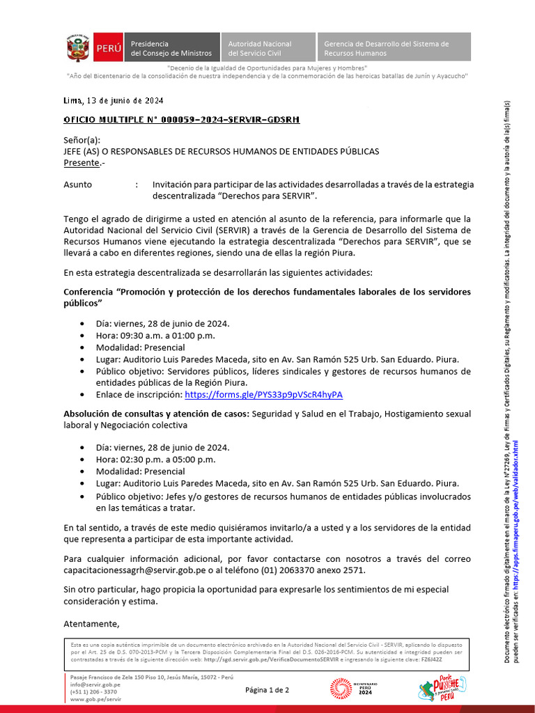 Oficio Multiple 000059 2024 Servir GDSRH | PDF