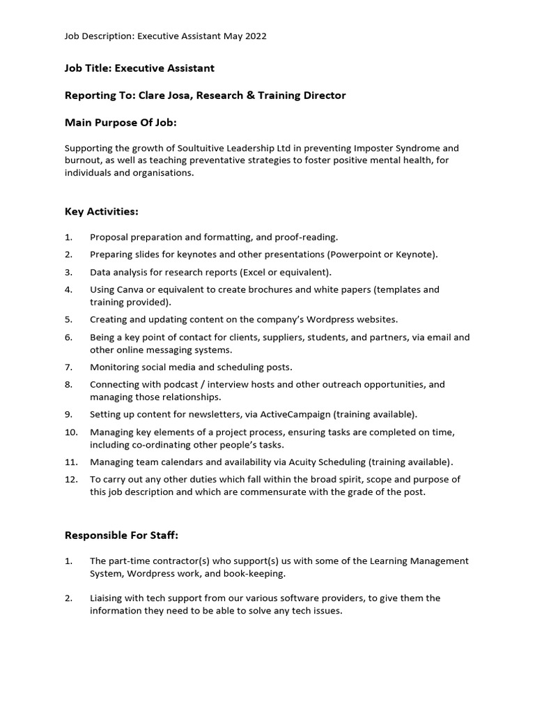 Job Description Executive Assistant May 2022 | PDF | Business