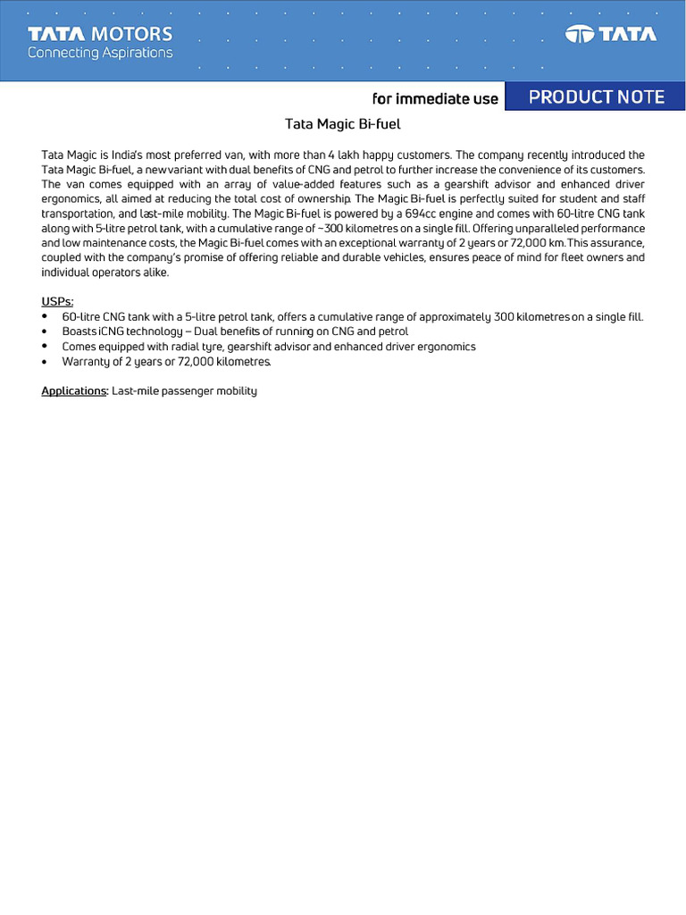 Product-Note-Tata-Magic-Bi-Fuel | PDF