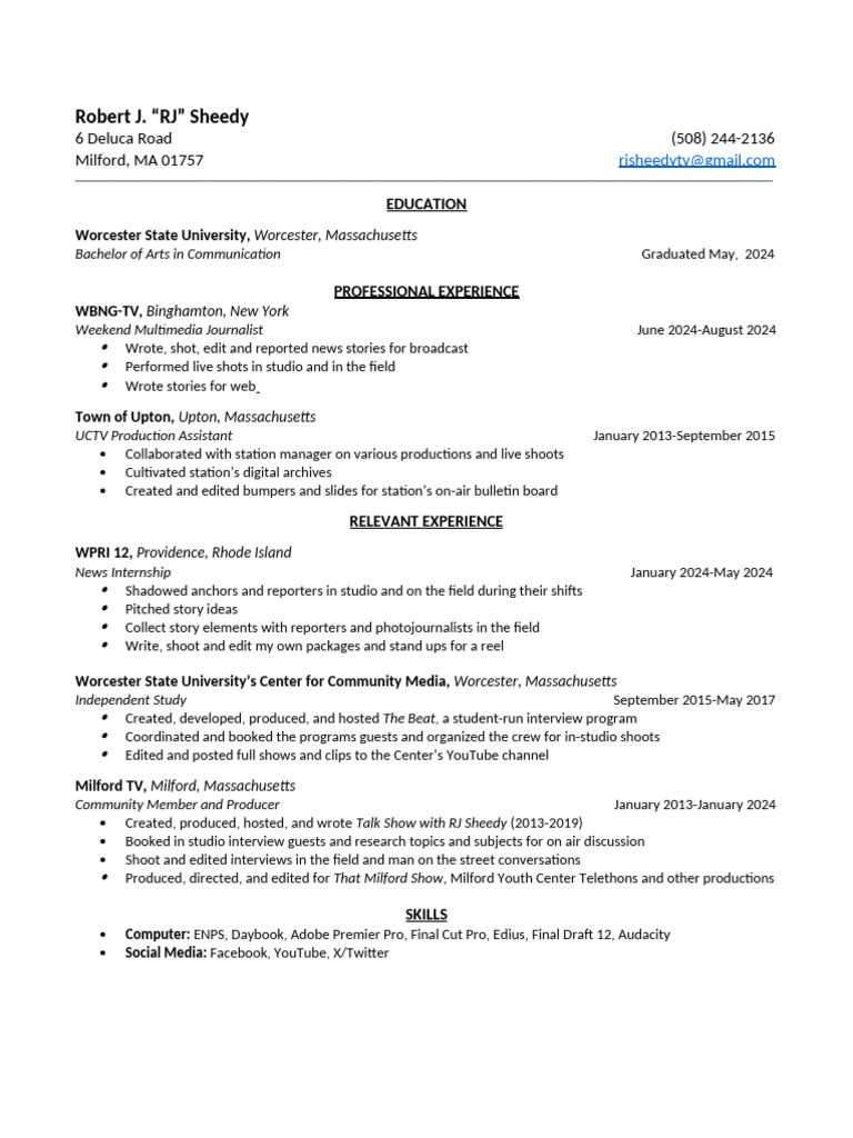 Rj Sheedy Resume DEC 2024 | PDF | Mass Media | Television