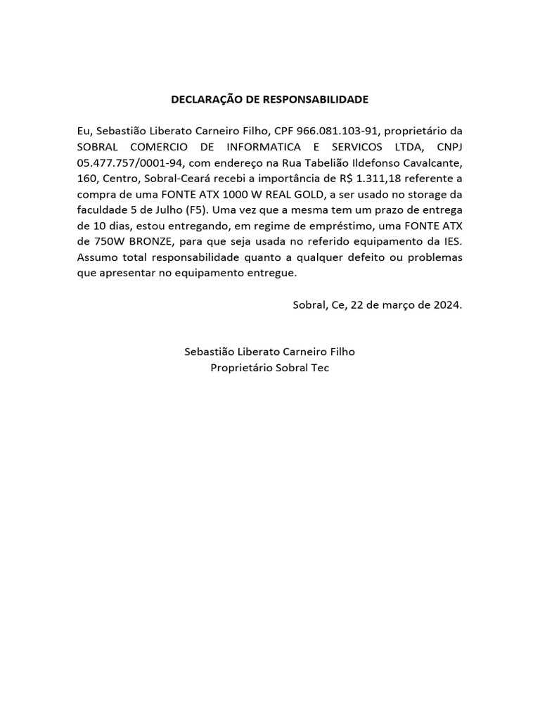 Declaração de Responsabilidade | PDF