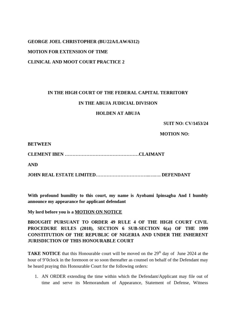 Motion for Extension of Time in Court | PDF | Affidavit | Lawsuit