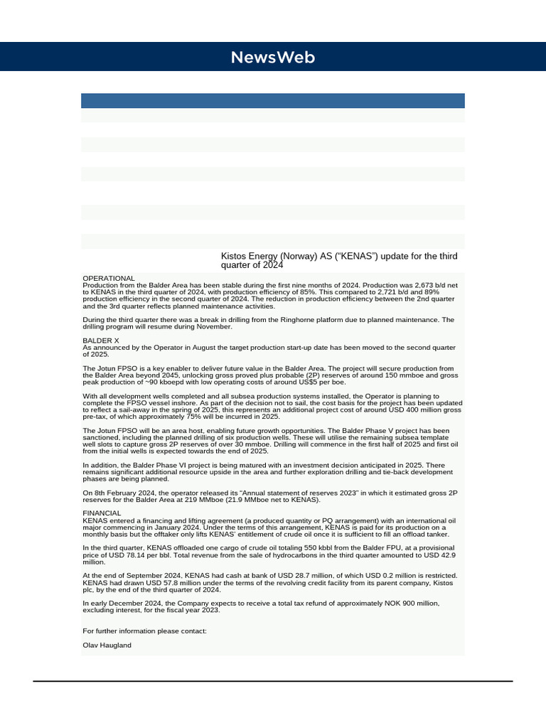 Kistos Energy (Norway) AS ("KENAS") Update For The Third Quarter of ...