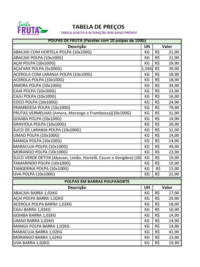 Tabela Santa Fruta Varejo | PDF | Fruta | Culinária vegana