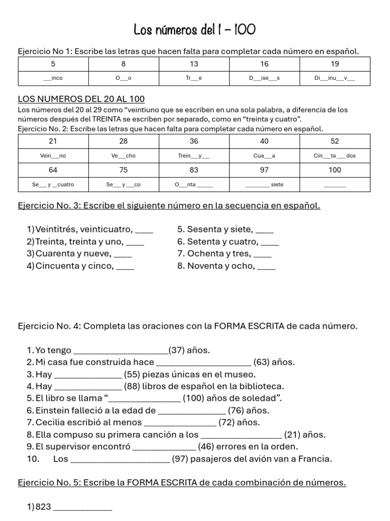 Los Numeros Del 1-100 Actividad | PDF