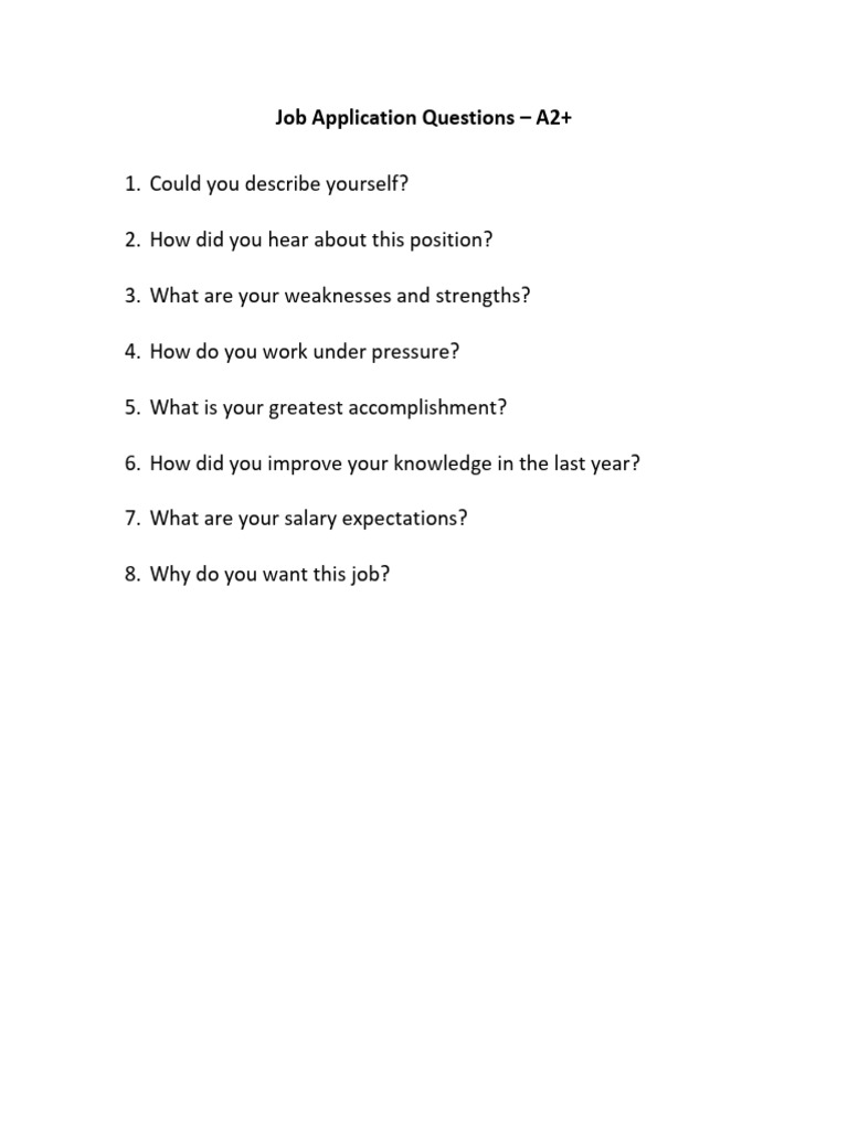 Job Application Questions A2+ | PDF