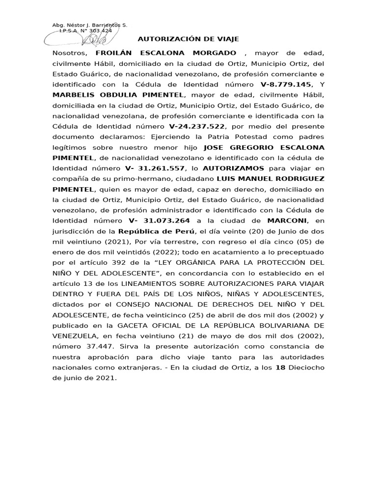Permiso Viaje Autorización Viajar Menor José Gregorio Escalona Pimentel ...