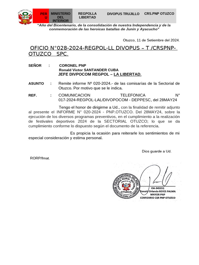 Oficio Otuzco 017 Remite Informe Sobre La O.T 17 2024. | PDF