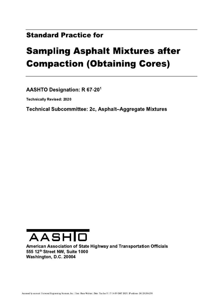 AASHTO R-67-20 Sampling Asphalt ... After Compaction (Obtaining Cores ...