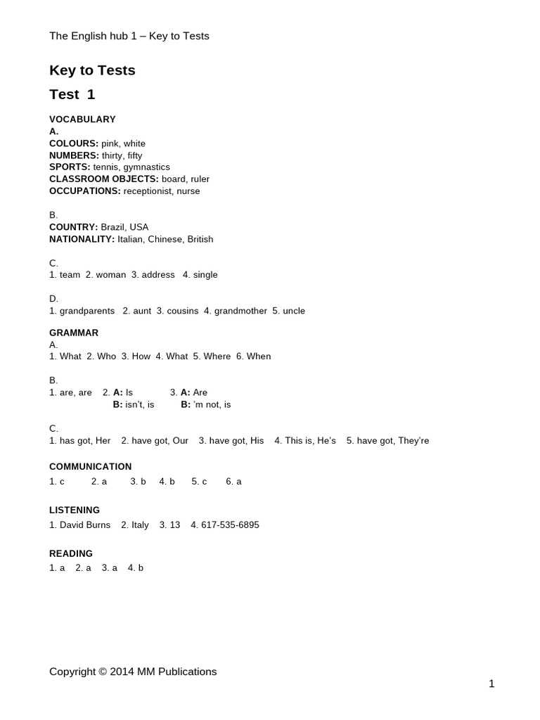 The English Hub - 1 - Key To Tests | PDF