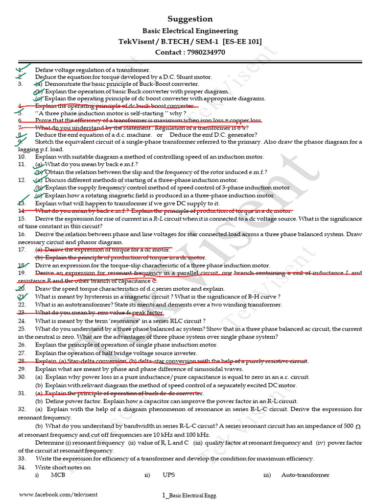 Basic Electrical Sem-1 Suggestion | PDF | Electric Motor | Transformer