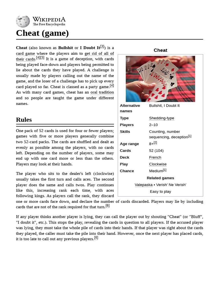 Cheat Card Game Rules and Variants | PDF | Ephemera | Gambling