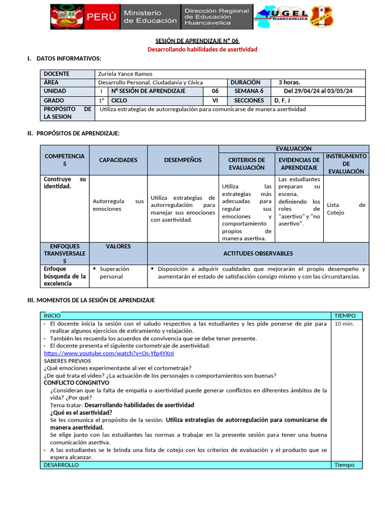 Sesion Aprendizaje 06 DPCC 1° | PDF | Evaluación | Aprendizaje