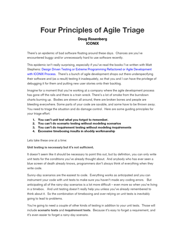 Four Principles of Agile Triage | PDF | Unit Testing | Software Bug