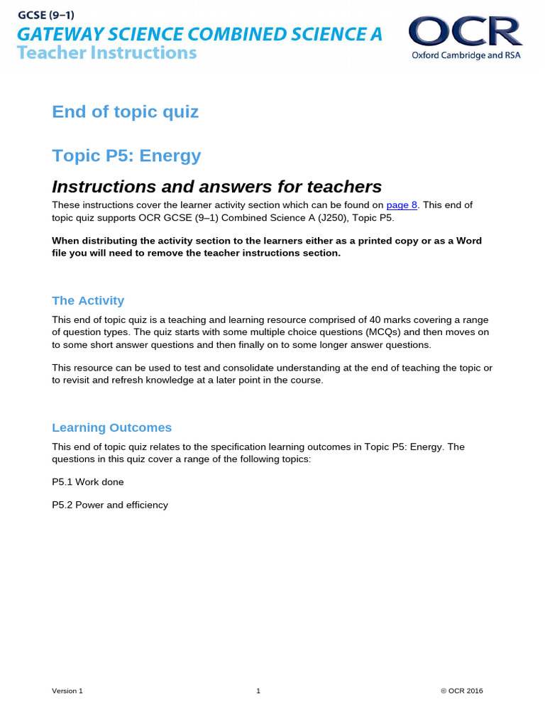 Gateway Combined P5 Energy Quiz MS | PDF | Heat Capacity | Heat