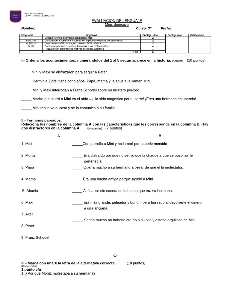 Evaluación de Lenguaje: Mini Detective | PDF