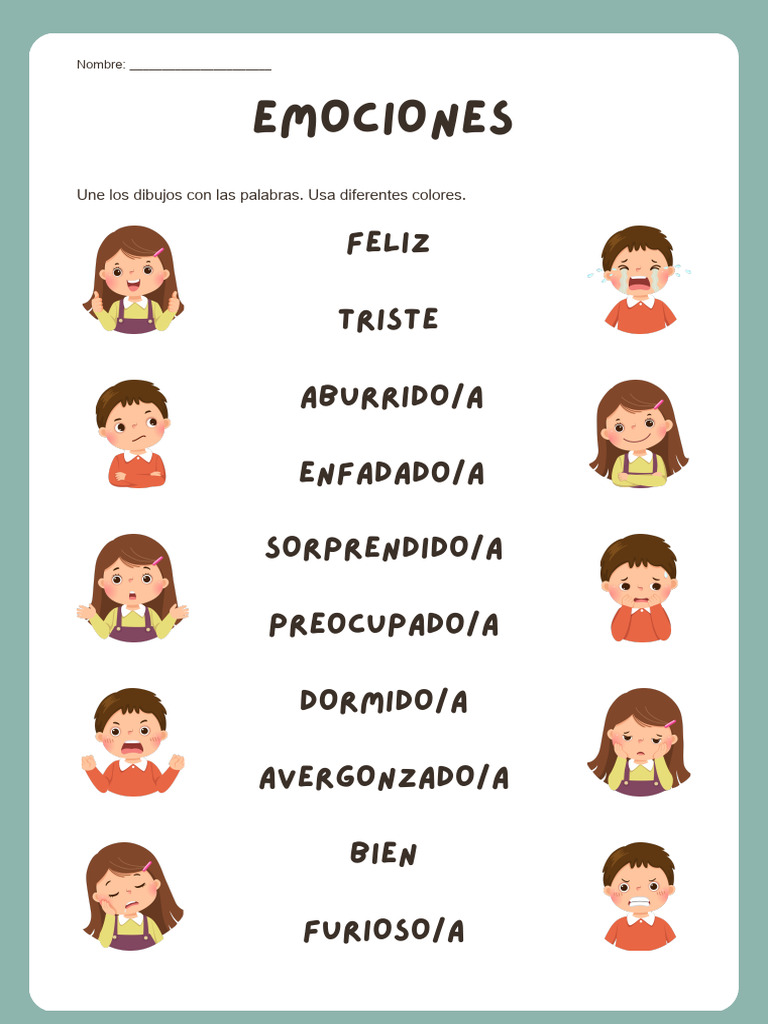 Feelings and Emotions Vocabulary Educational Worksheet in Green Orange ...