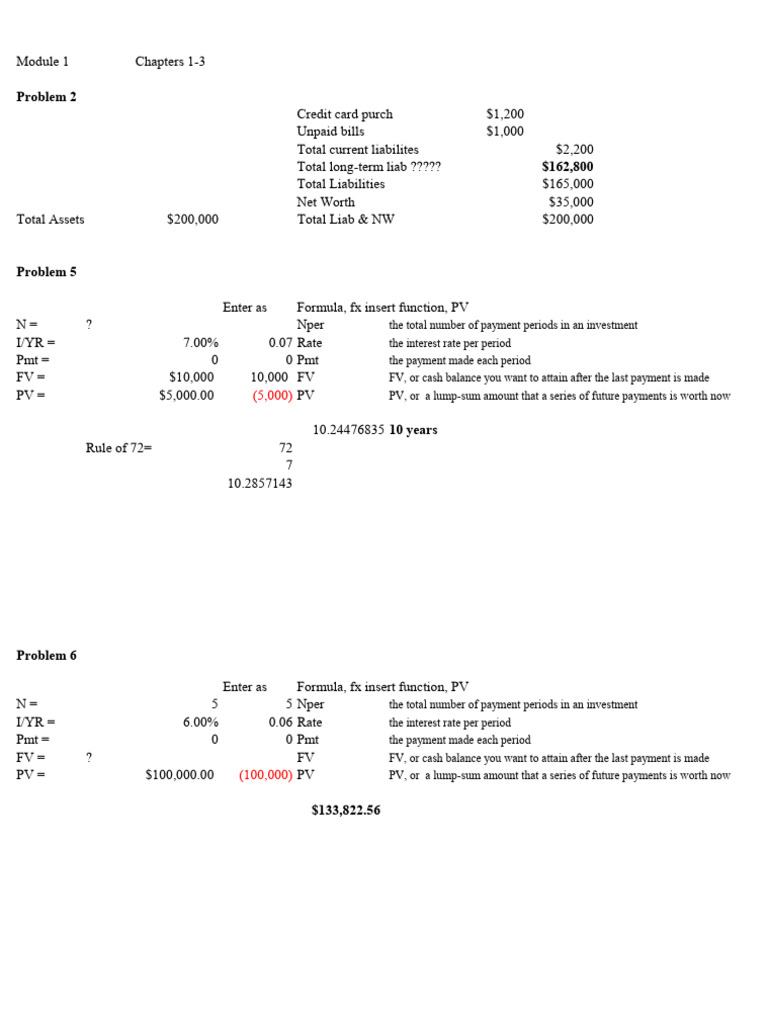 Module 1 excel problems worked | PDF