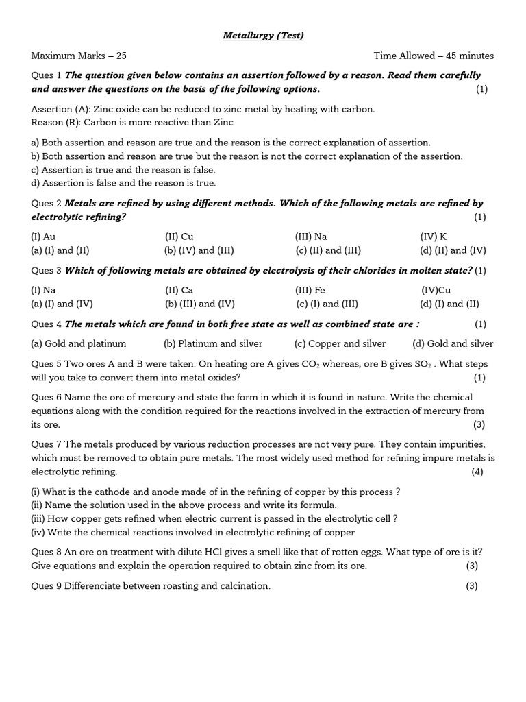 Metallurgy (Test) | PDF | Metals | Redox