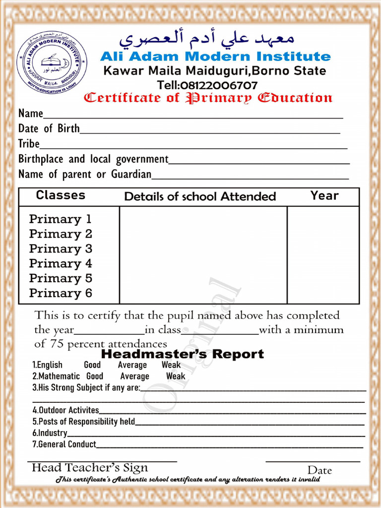 Primary Certificate | PDF