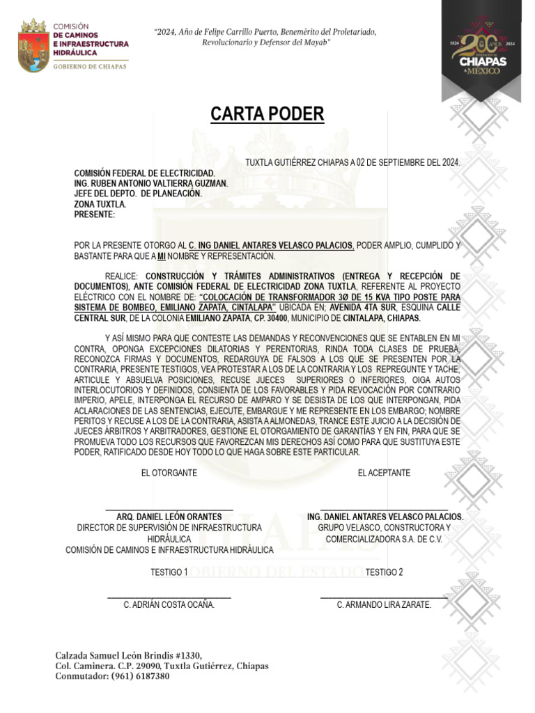 CARTA PODER EMILIANO ZAPATA- CFE | PDF
