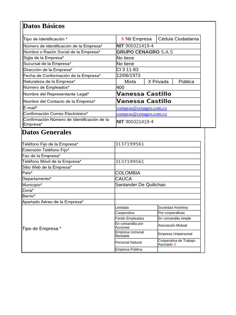 Datos de la Empresa GRUPO CENAGRO S.A.S | PDF