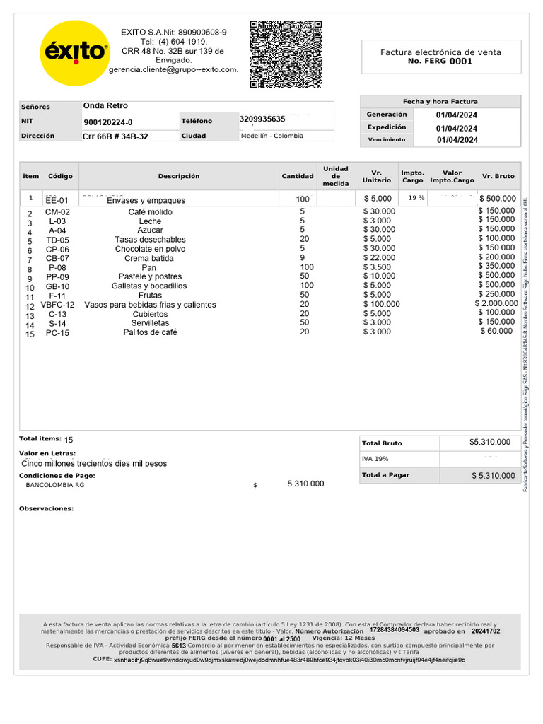 Factura electronicainsumos | PDF | Cocina | Alimentos