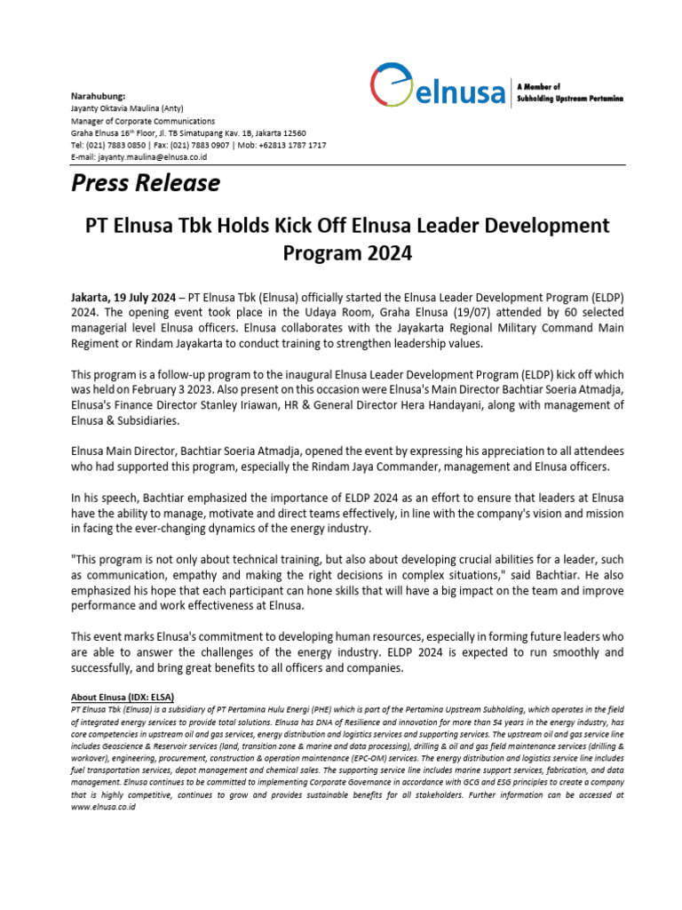Press Release - PT Elnusa TBK Holds Kick Off Elnusa Leader Development Program 2024 | PDF ...