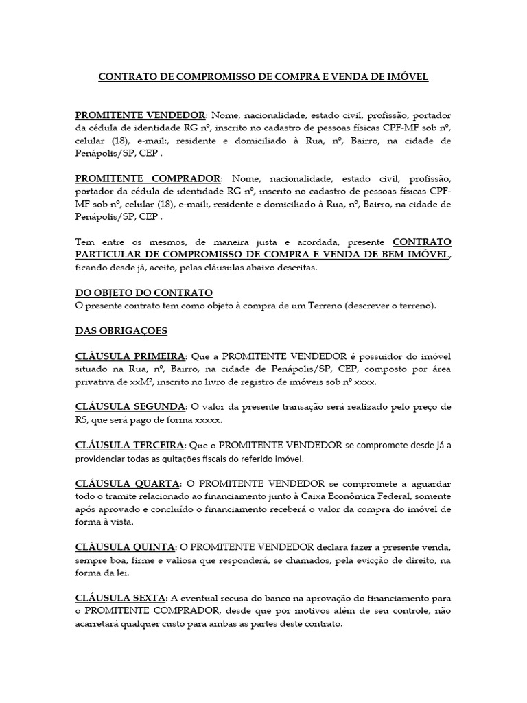 Modelo De Contrato De Compromisso De Compra E Venda De Imóvel Pdf