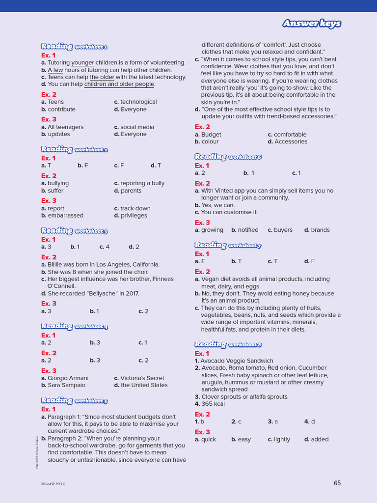 enga8_reading_worksheets_answer_keys | PDF | Vegetables