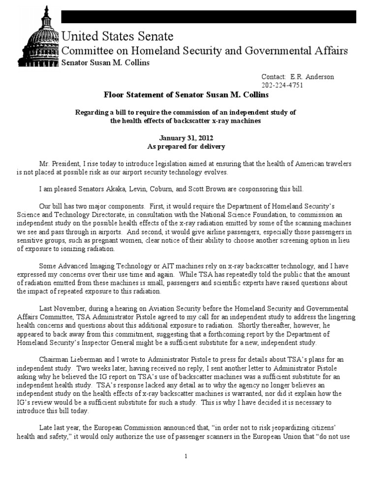 Senator Collins Introduces TSA Scanner Bill - Full Remarks On The ...