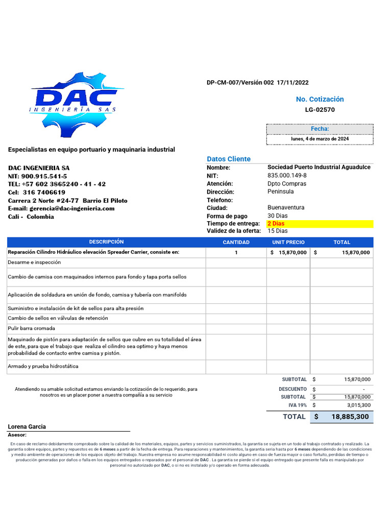 Cotizacion LG-02570 Reparacion Cilindro Elevación Spreader Carrier | PDF