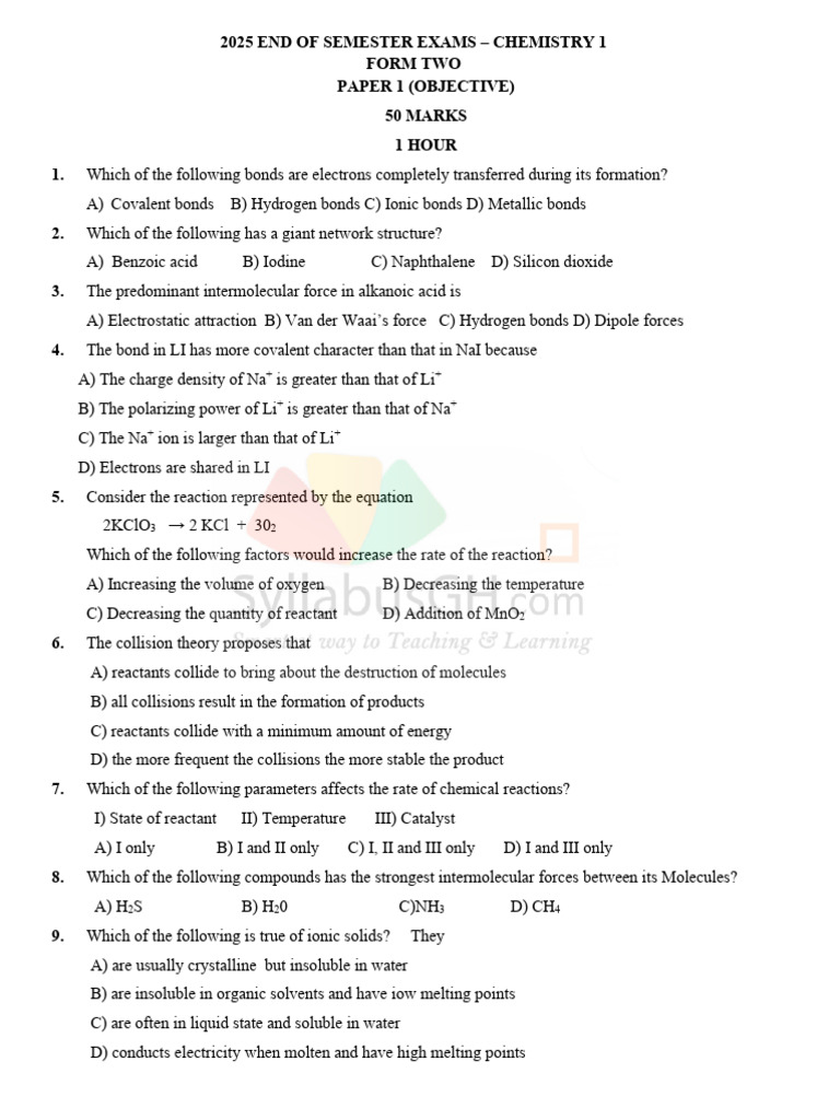 2025 SHS1 End of Semester Exams Chemistry 1 | PDF | Chemical Bond ...