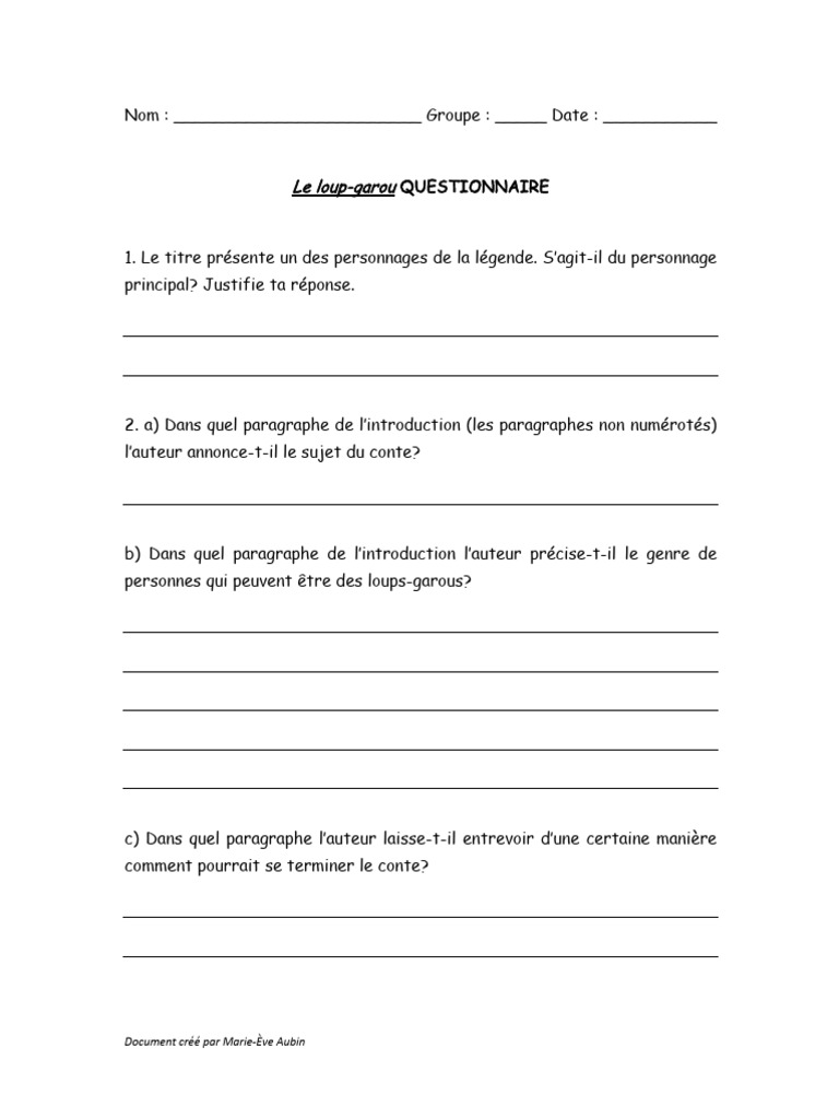Questionnaire sur le Loup-Garou Narrateur | PDF