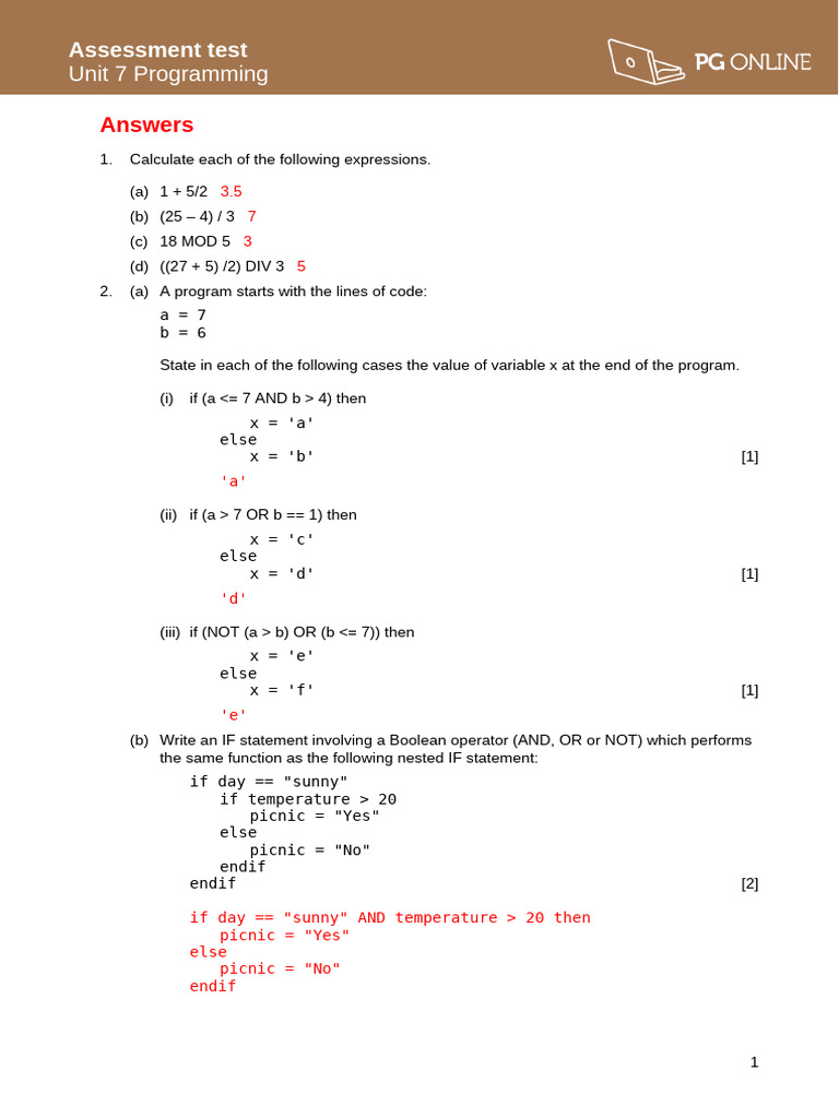 Unit 7 Assessment Answers | PDF | Control Flow | Computer Programming