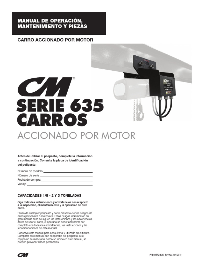 CM 635 Series Motor Driven Trolley 2018 April 83875 635 Rev Aa - Esl | PDF | Administración de ...