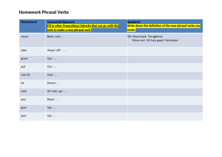 Phrasal Verbs Homework Sheet | PDF