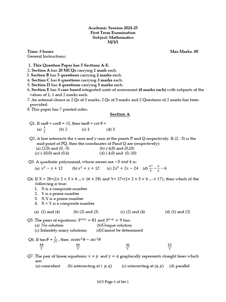 Set - 1 - Grade - 10 - Term1 - 24-25 | PDF | Asana | Mathematics