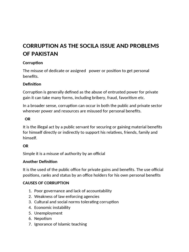 Corruption As The Socila Issue and Problems of Pakistan | PDF