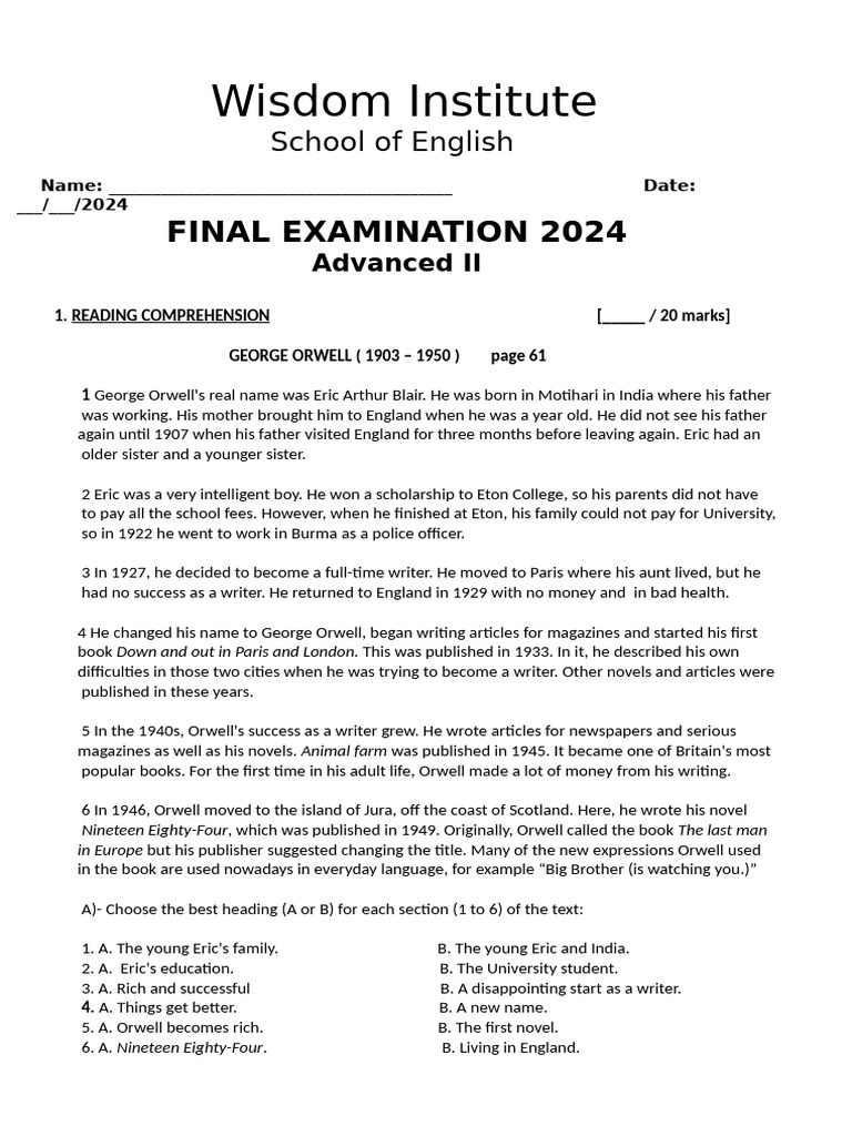 Advanced II 2024 | PDF | George Orwell
