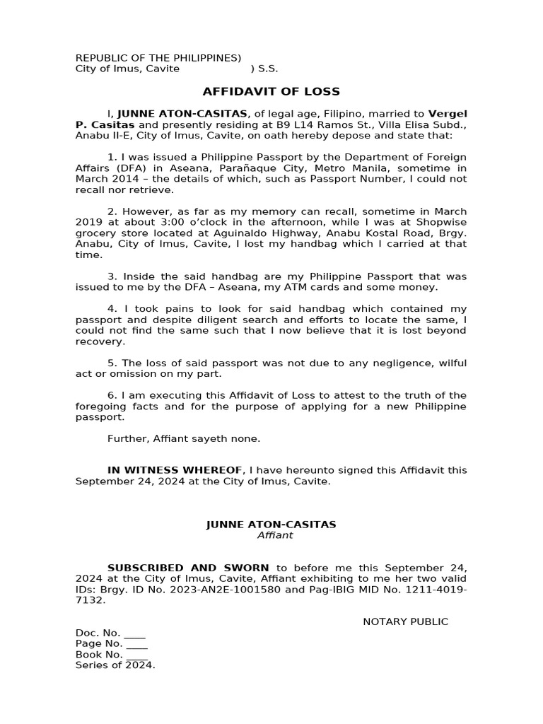 Affidavit of Loss Passport | PDF