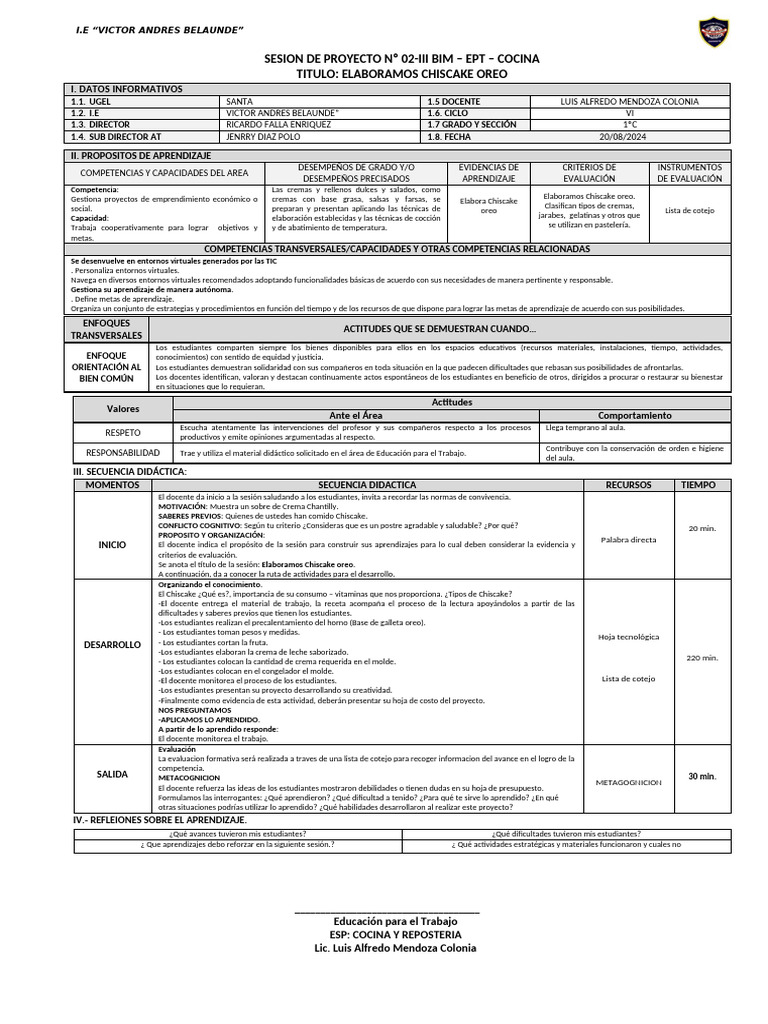 1ero SESION APRENDIZAJE (20-08-24) | PDF | Maestros | Evaluación