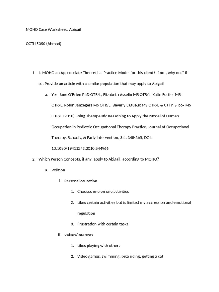 MOHO Case Worksheet | PDF | Occupational Therapy | Behavioural Sciences