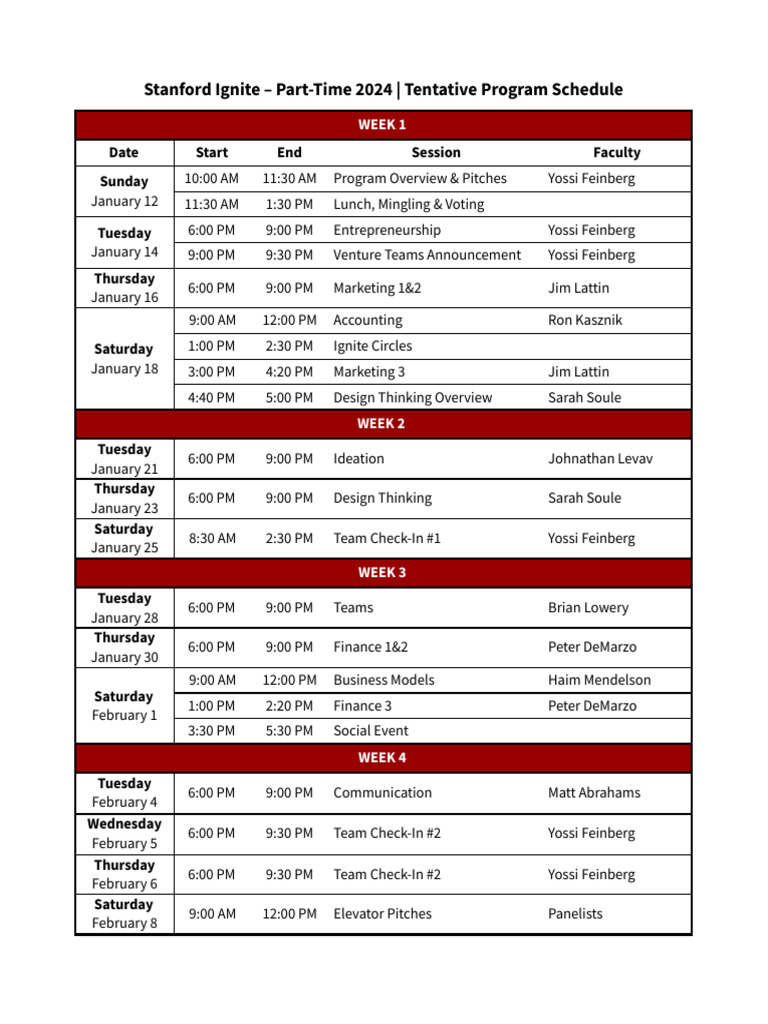 Sample Program Schedule - Ignite Part-Time 2025 | PDF
