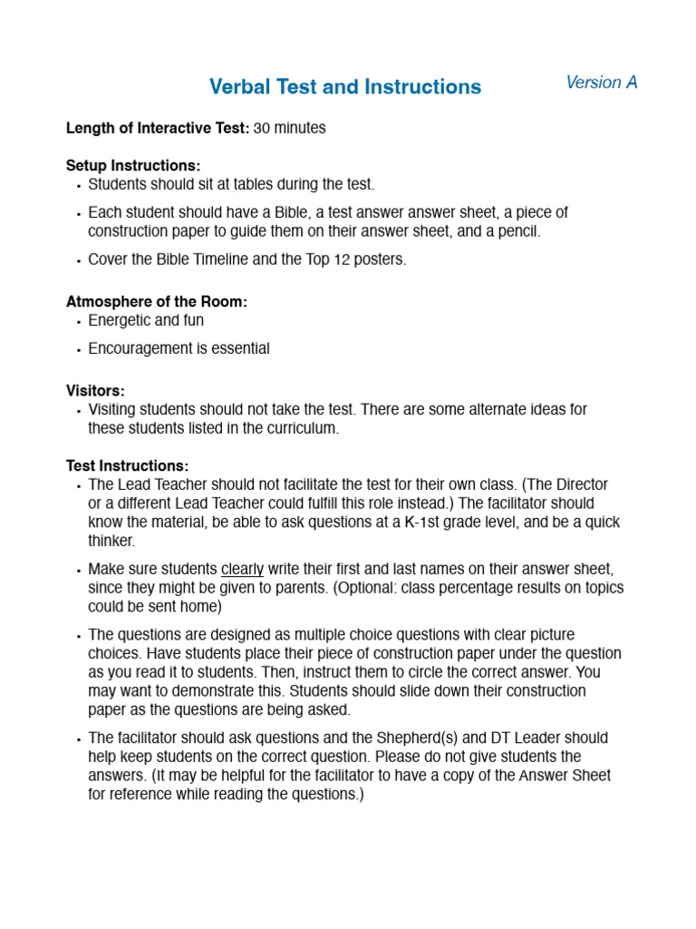 Y3 Q2 Verbal Test & Instructions - Version A for K-1st grade | PDF ...