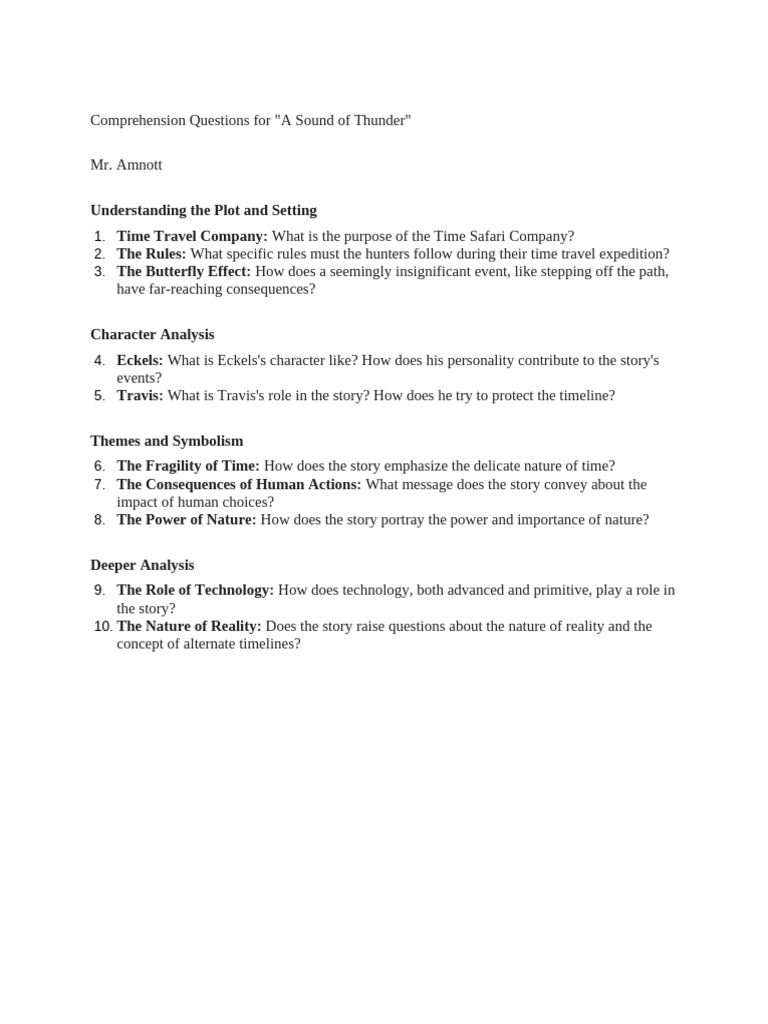 Comprehension Questions for "A Sound of Thunder" | PDF