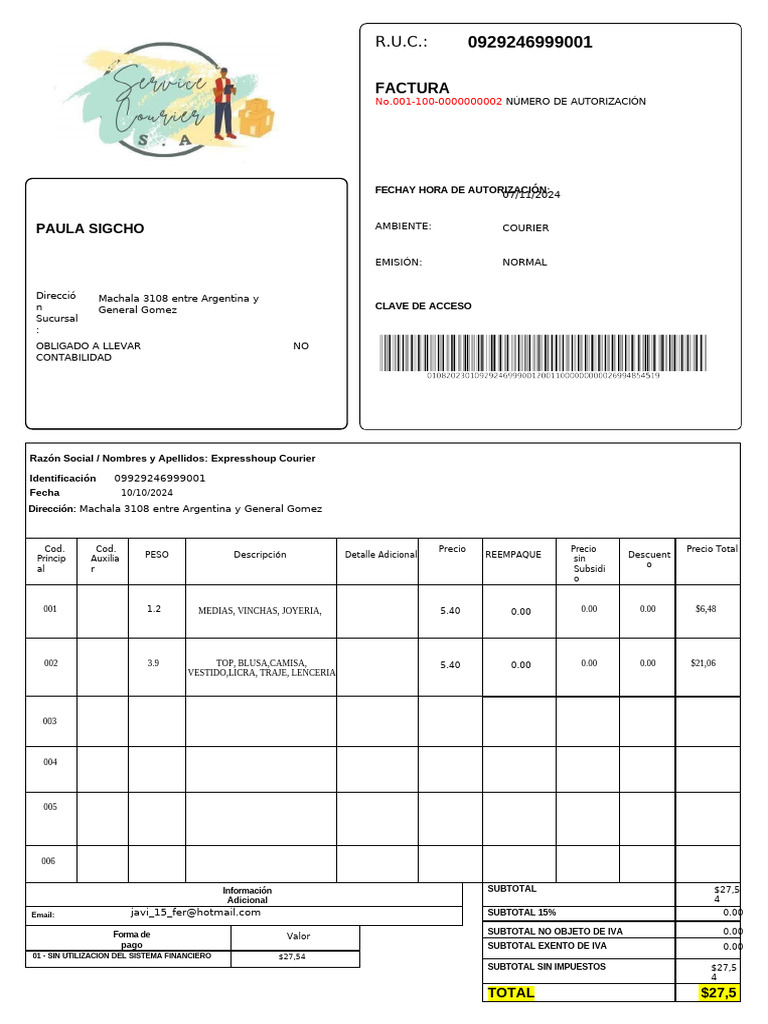 FACTURA- PAULA SIGCHO (1) | PDF | Contabilidad | Documentos empresariales